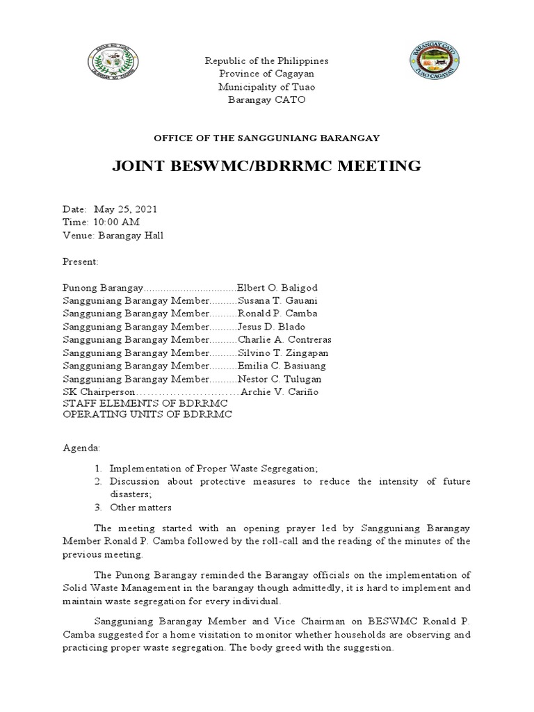 Joint Beswmc Bdrrmc Meeting May 2021 Pdf