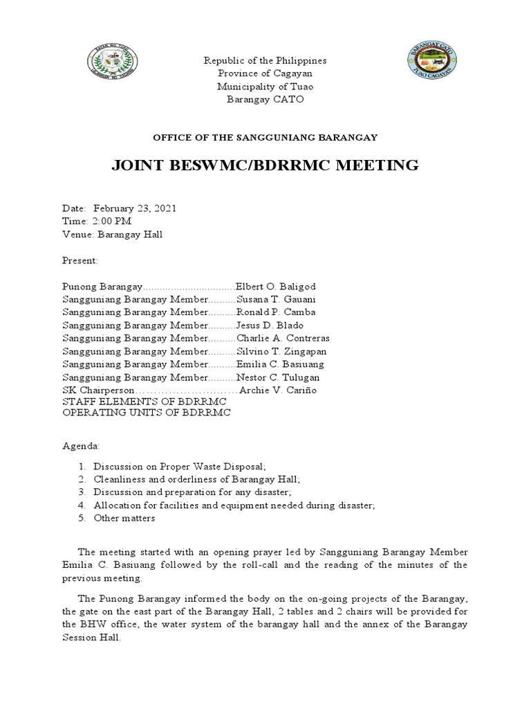 BDRRMC Meeting Minutes - Feb 2021 | PDF | Cooking, Food & Wine | Home ...
