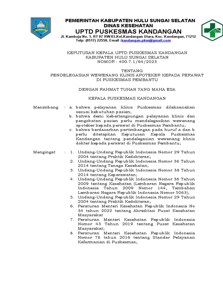 SK Pendelegasian Apoteker Ke Pustu | PDF