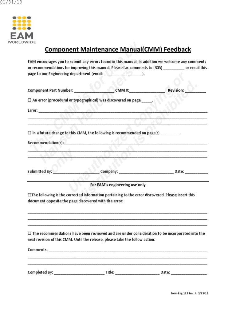 Hansen Helicopters CMM Feedback Form | PDF | Specification (Technical ...