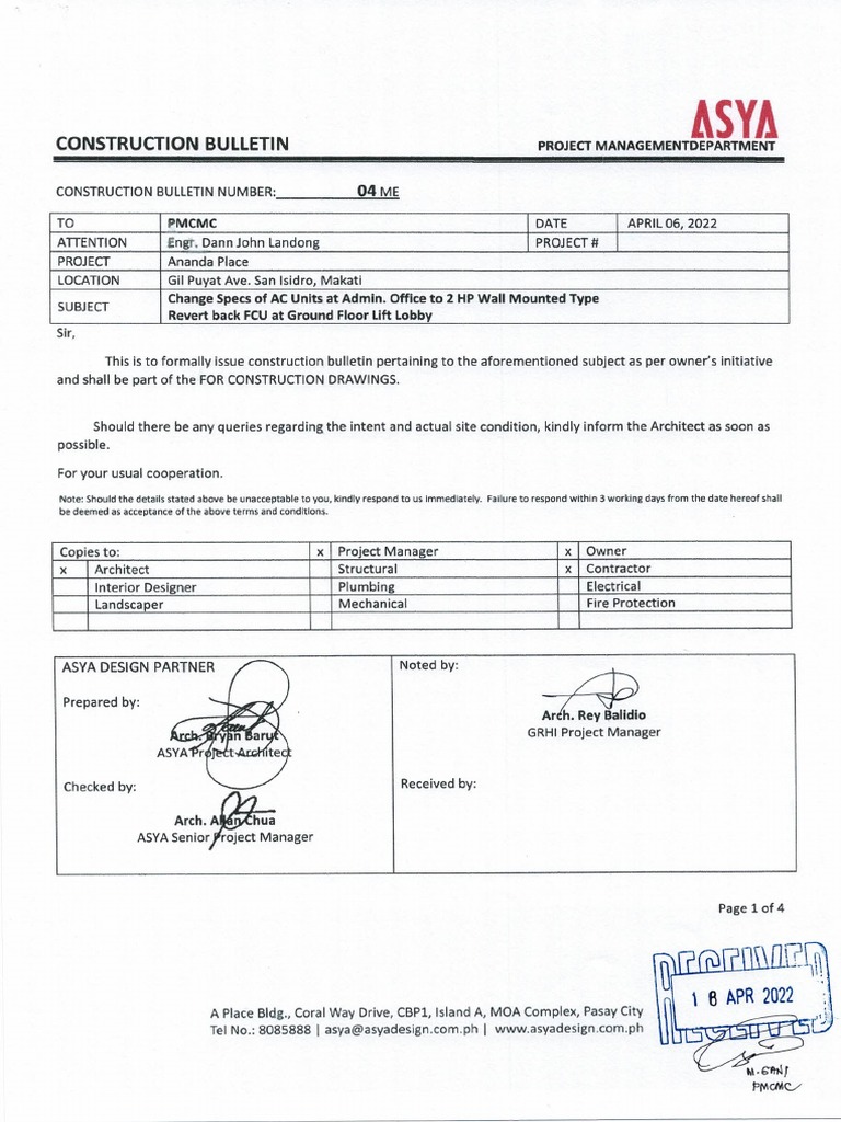 CB No.4 ME Change Specs of AC Units at Ad... Ack FCU at Ground Floor Lift Lobby | PDF