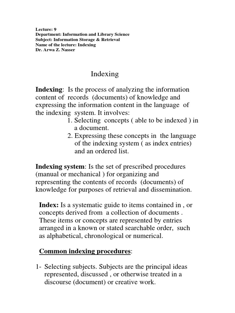 Indexing: Indexing: Is The Process of Analyzing The Information | PDF ...