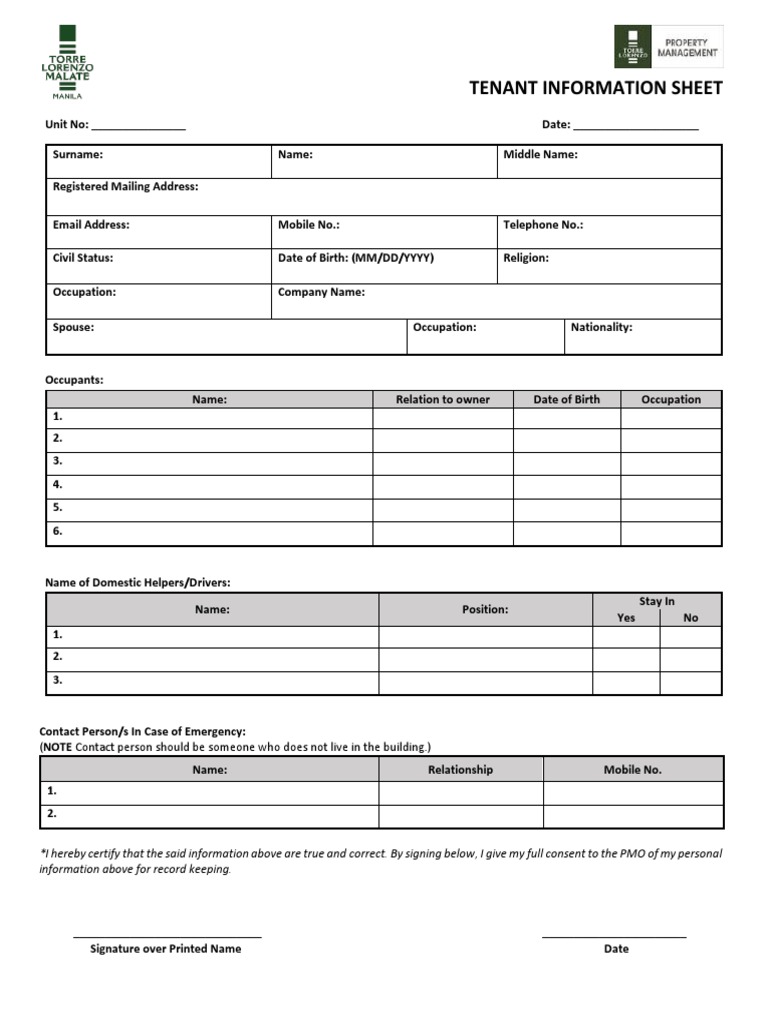 Tenant Information Sheet Template | PDF