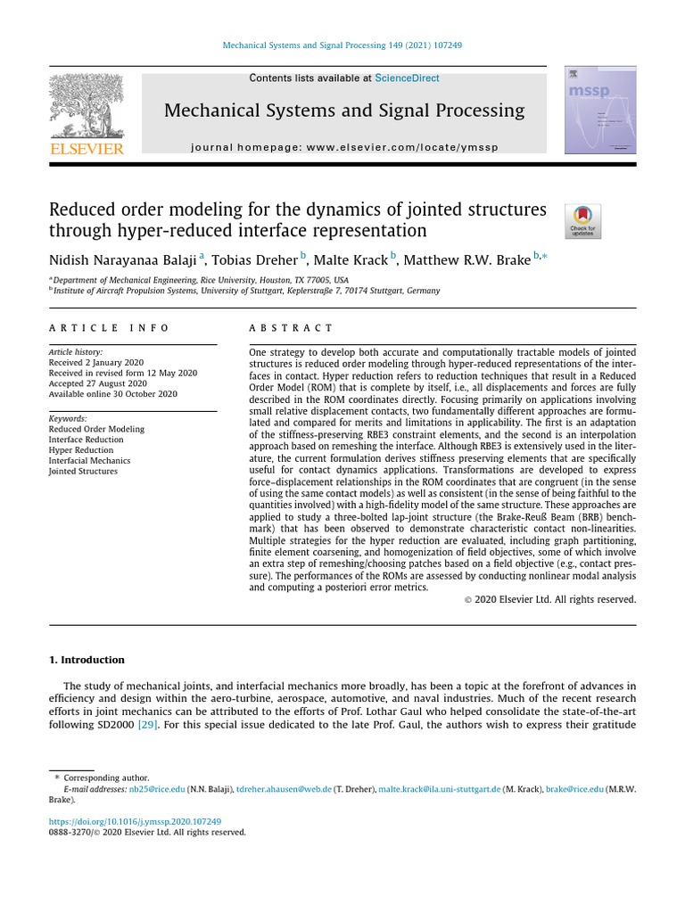 Balaji Et Al. - 2021 - Reduced Order Modeling For The Dynamics of Jointed | PDF | Finite Element ...