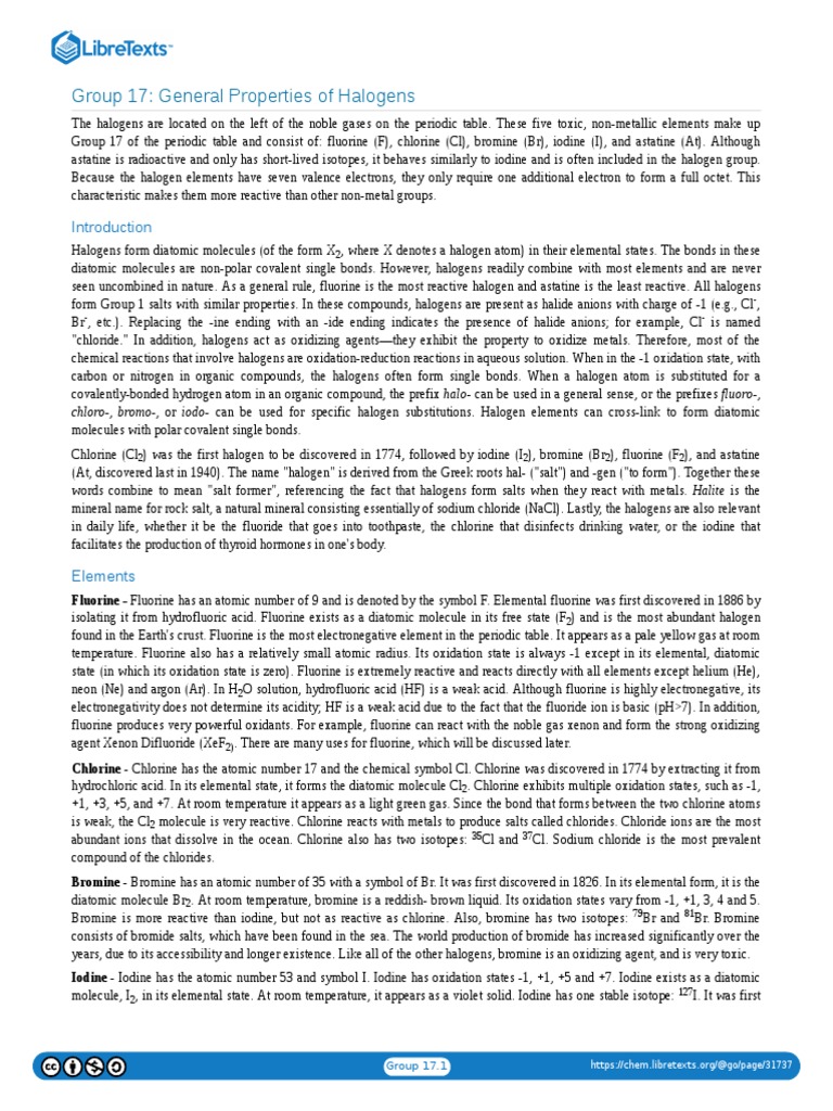 Group 17 General Properties of Halogens | PDF | Chlorine | Iodine