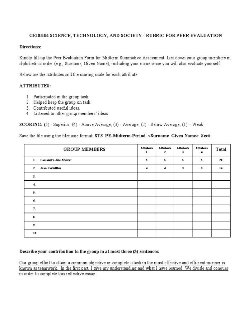 GED0104 STS Peer Evaluation Form for SA1 | PDF