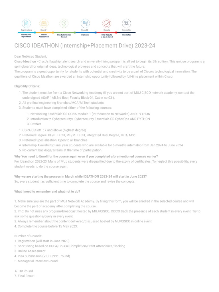 CISCO IDEATHON (Internship+Placement Drive) 2023-24 | PDF | Information Technology | Computing