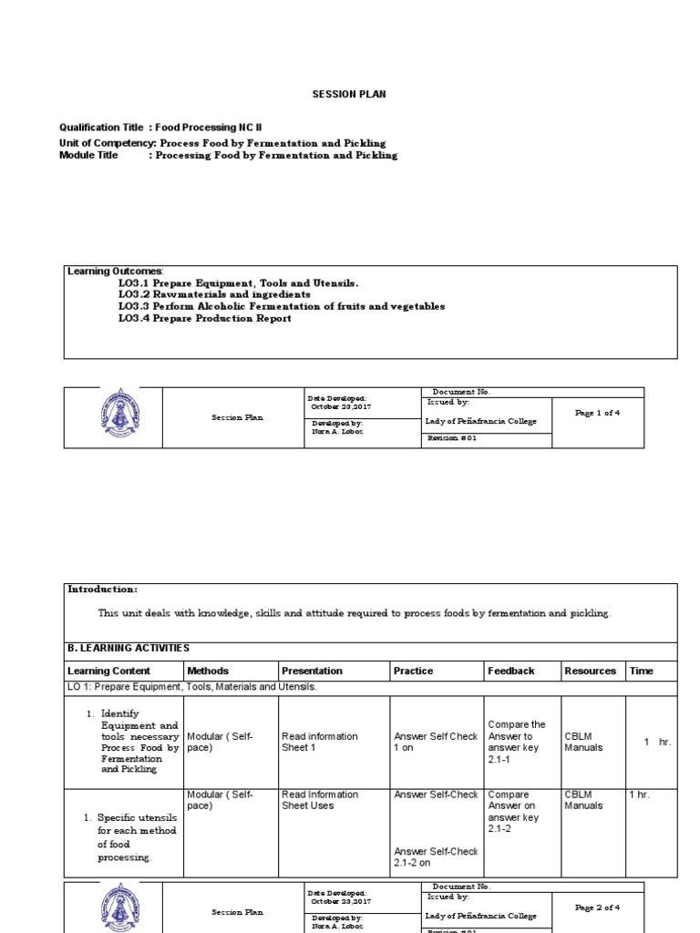SESSION PLAN Chell Fermenting | PDF | Pickling | Behavior Modification