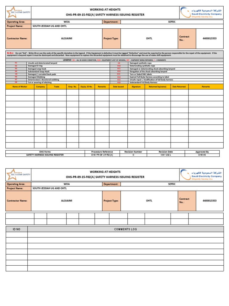 Ohs-Pr-09-15-F02 (A) Safety Harness Issuing Register | PDF | Personal ...