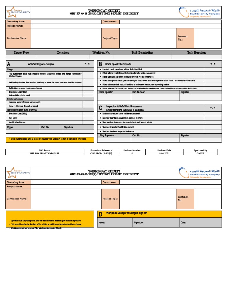 Lift Box Permit Checklist | PDF | Crane (Machine) | Elevator