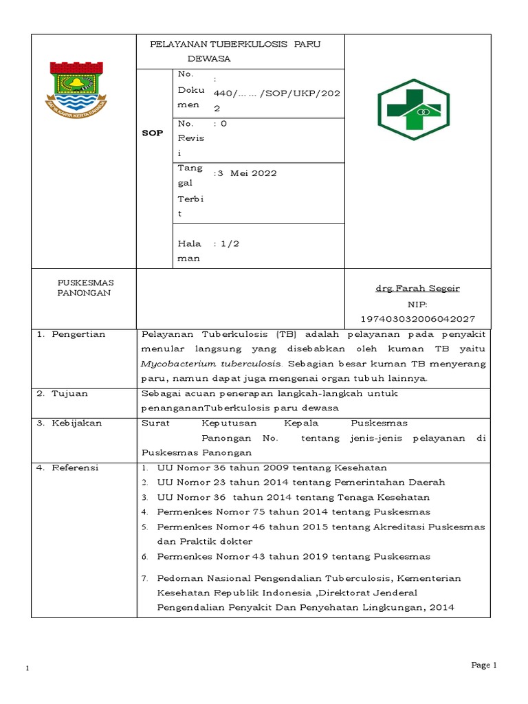 SOP Pelayanan Tuberkulosis Paru Dewasa | PDF