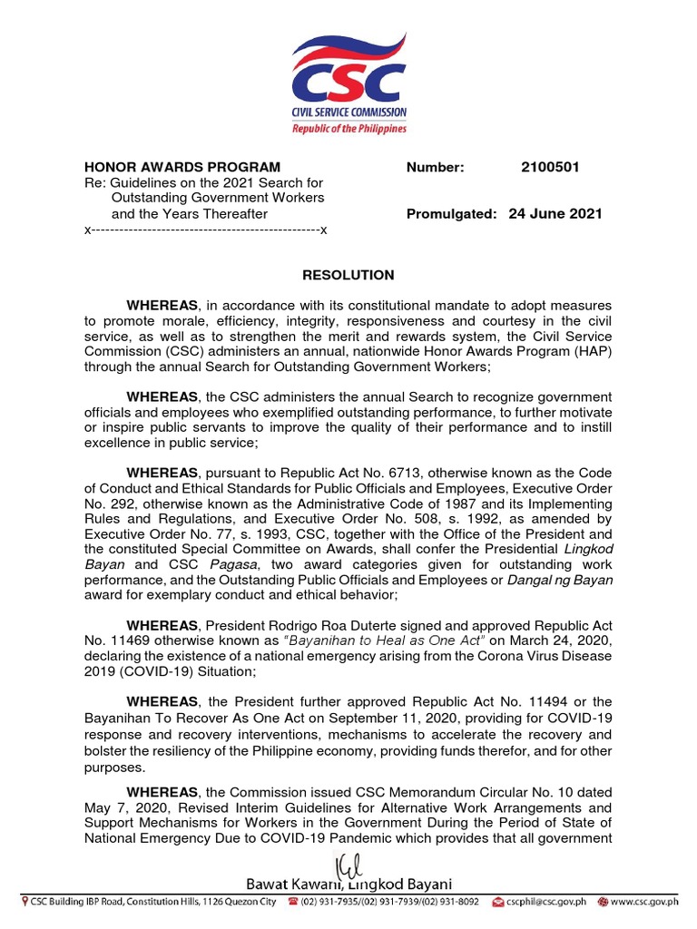 CSC Resolution No. 2100501 Promulgated 24 June 2021 | PDF | State Of ...