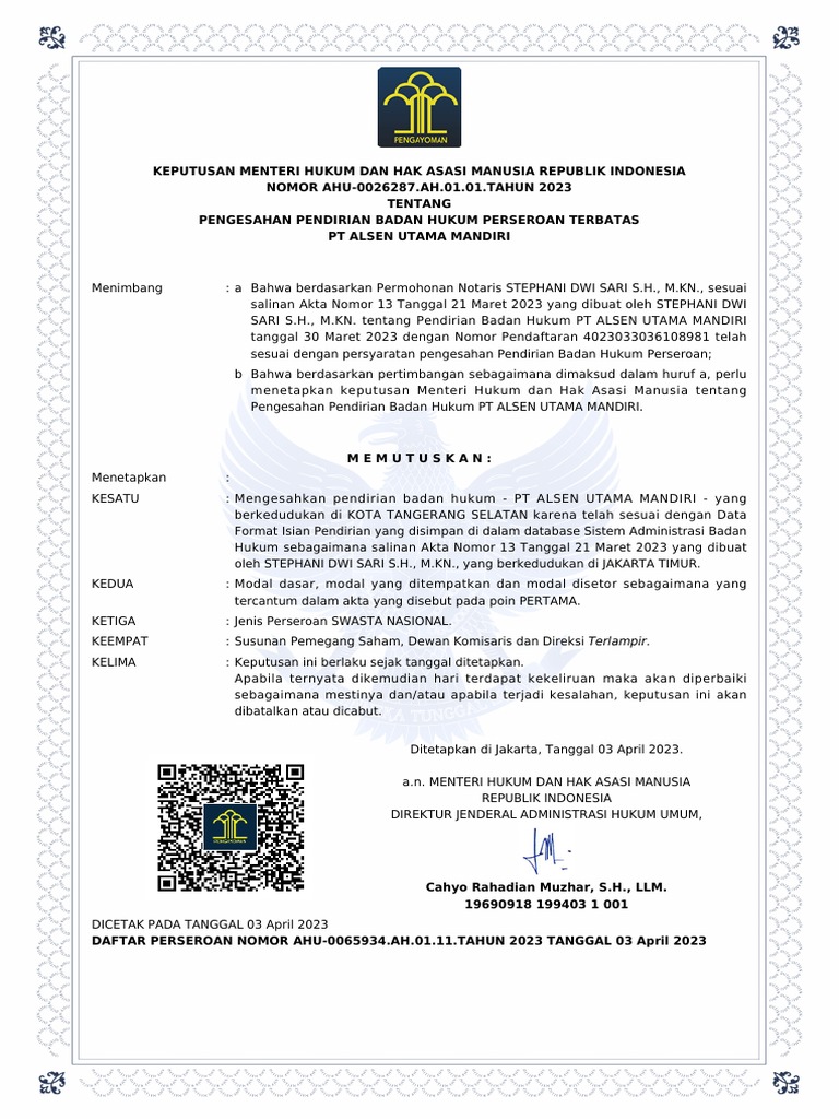 Pengesahan PT Alsen Utama Mandiri | PDF