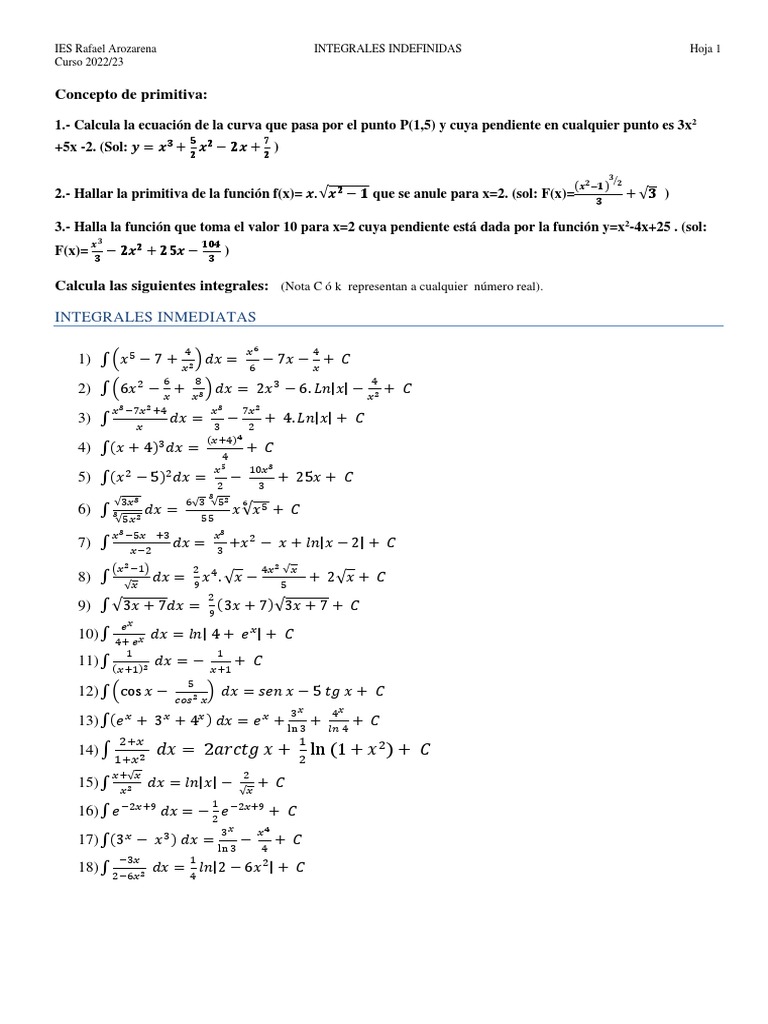 Ejercicios de Integrales Indefinidas | PDF | Integral | Funciones y mapeos