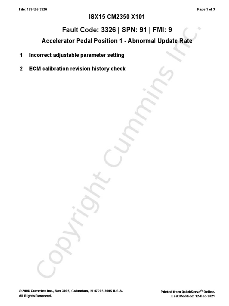 Fault Code: 3326 - SPN: 91 - FMI: 9: ISX15 CM2350 X101 | PDF ...