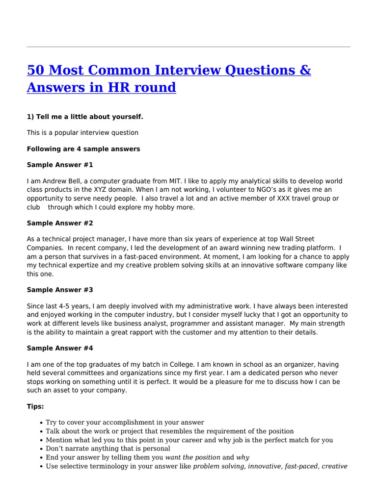 How To Answer 50 Most Common Interview Questions | PDF | Goal | Employment