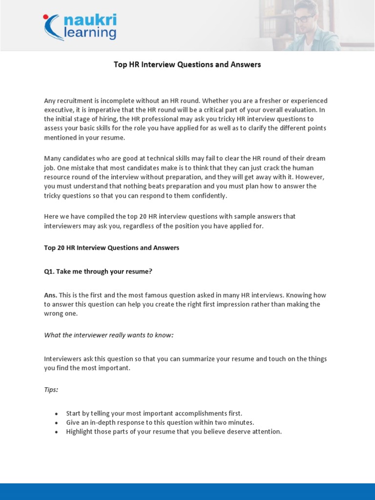 Top HR Interview Questions and Answers | PDF | Experience | Knowledge