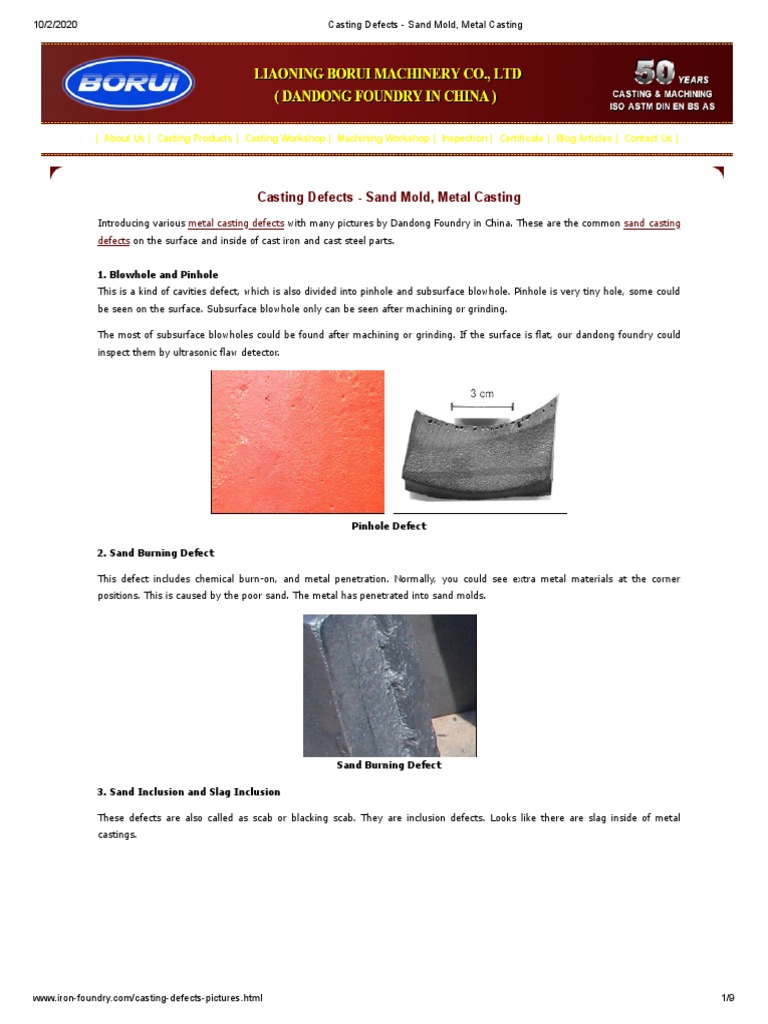 Casting Defects - Sand Mold, Metal Casting | PDF | Casting ...