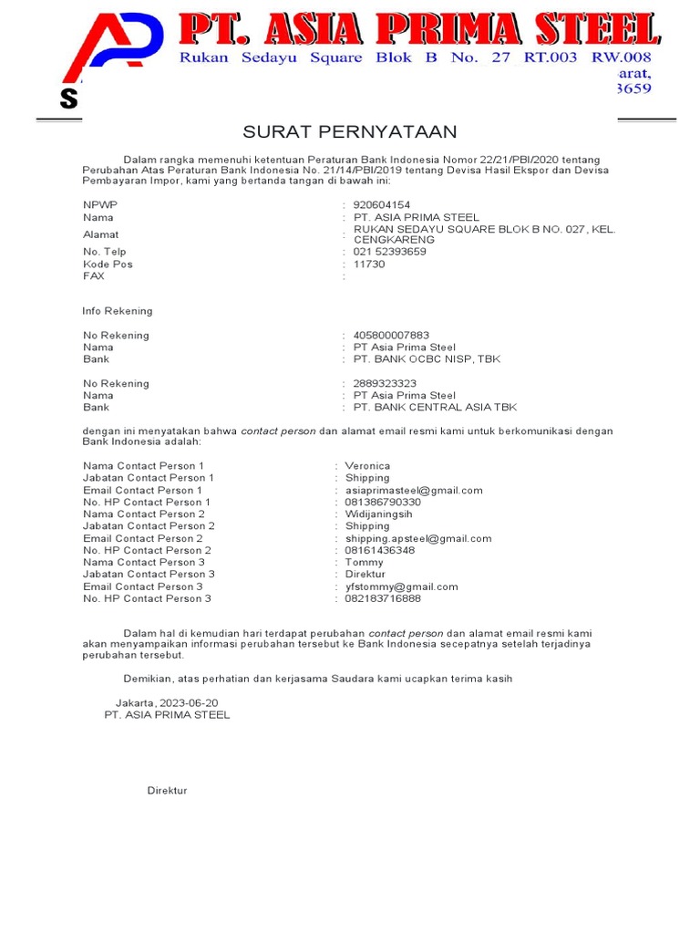 Surat Pernyataan PT Asia Prima Steel | PDF