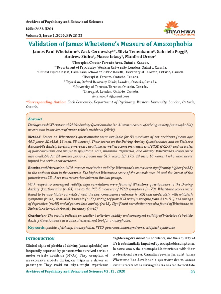 Validation of James Whetstone's Measure of Amaxophobia | PDF | Mental Health | Abnormal Psychology