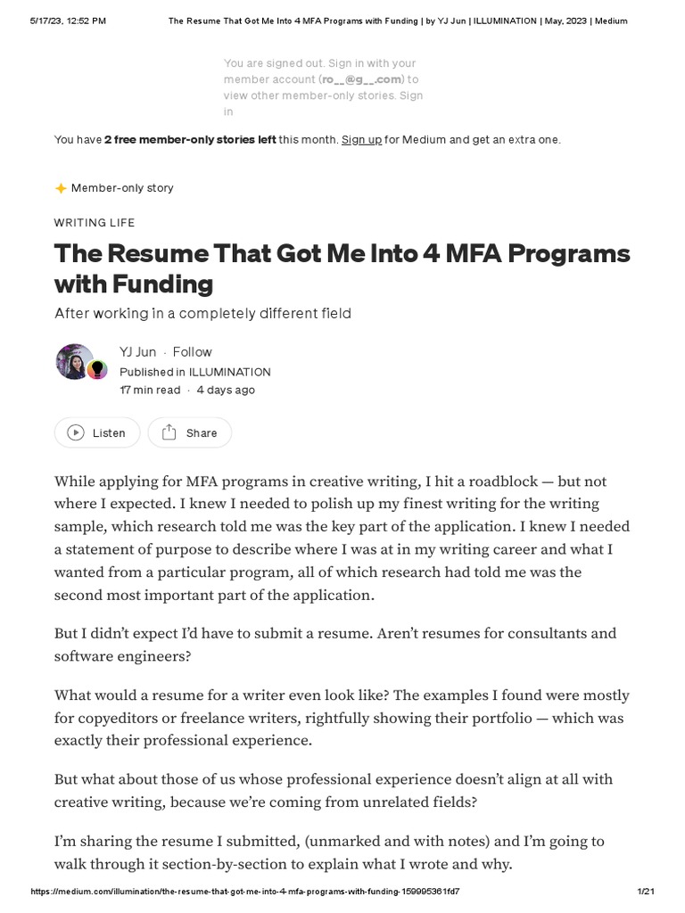 The Resume That Got Me Into 4 MFA Programs With Funding - by YJ Jun ...