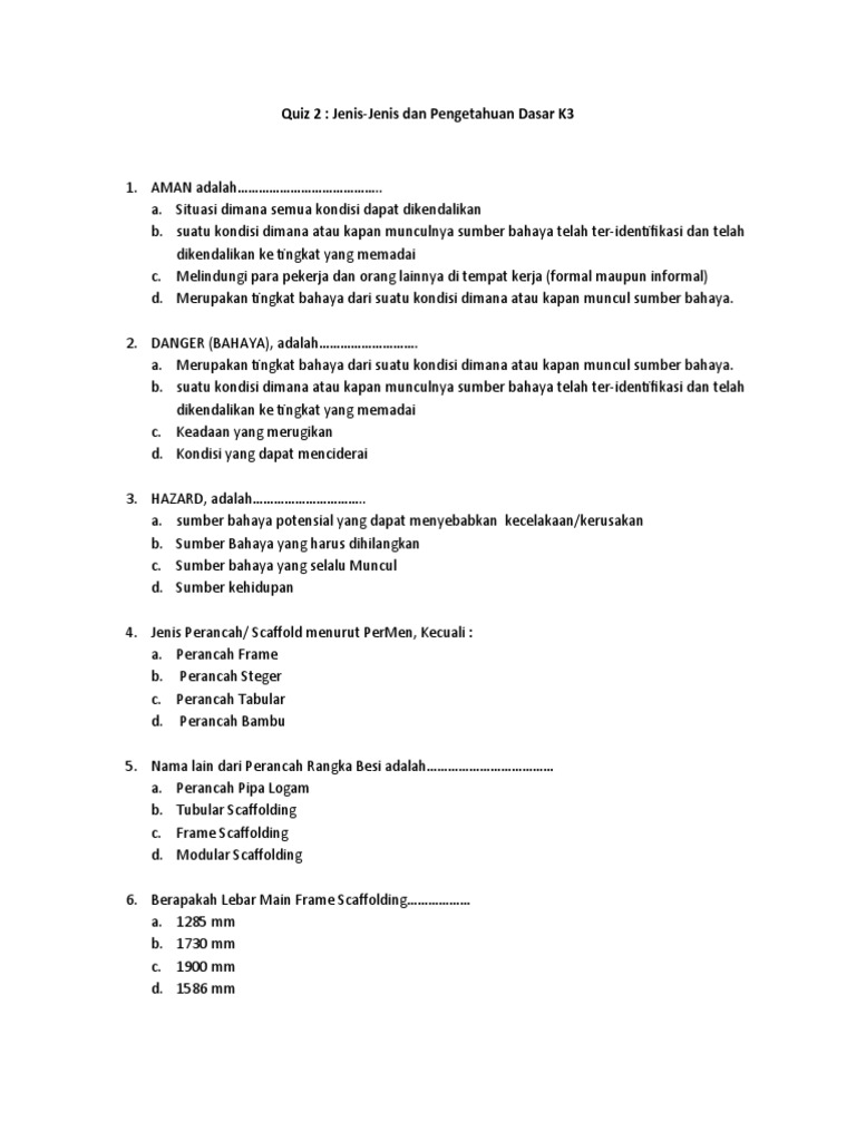 Quiz 3 Spv. Perancah (Jenis2 Perancah) | PDF