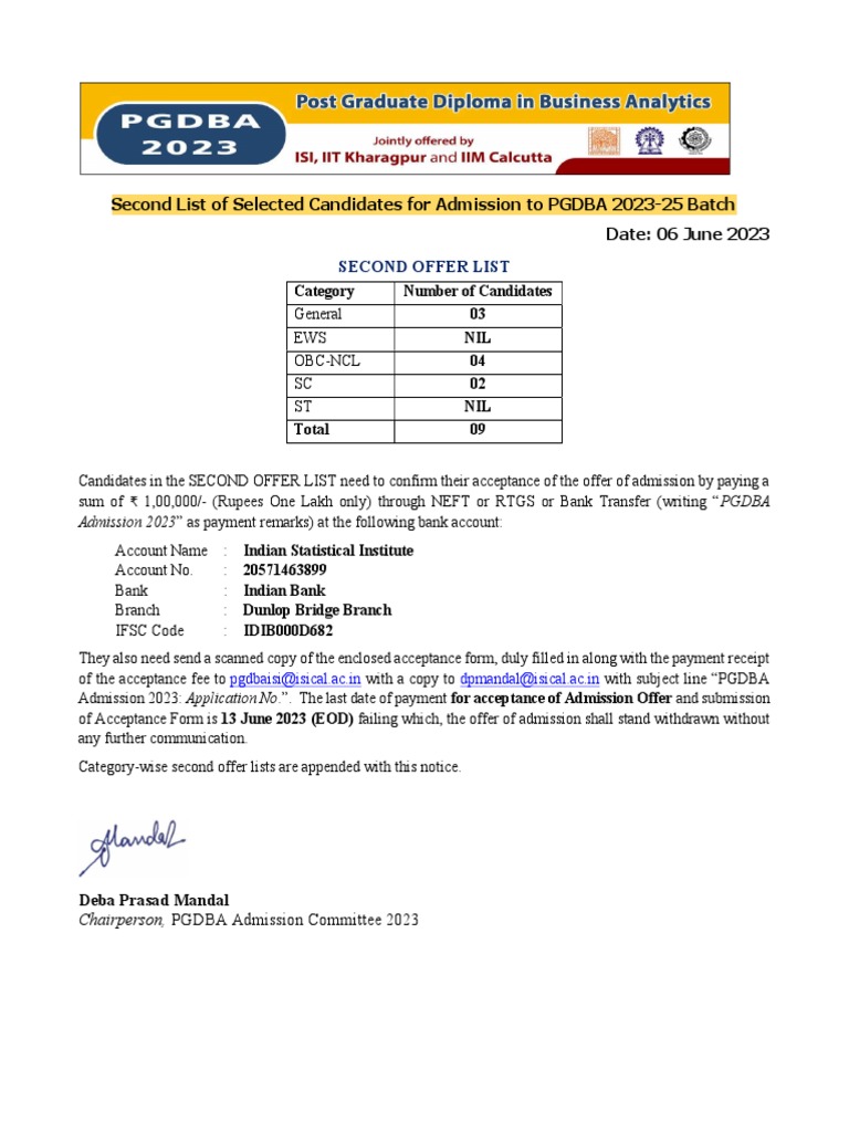 PGDBA 2023 2nd Offer List | PDF