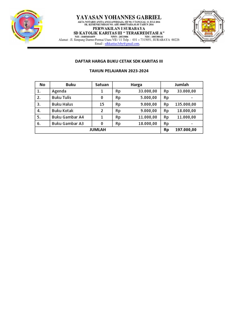 Daftar Buku Cetak SDK Karitas III 2023-2024 | PDF