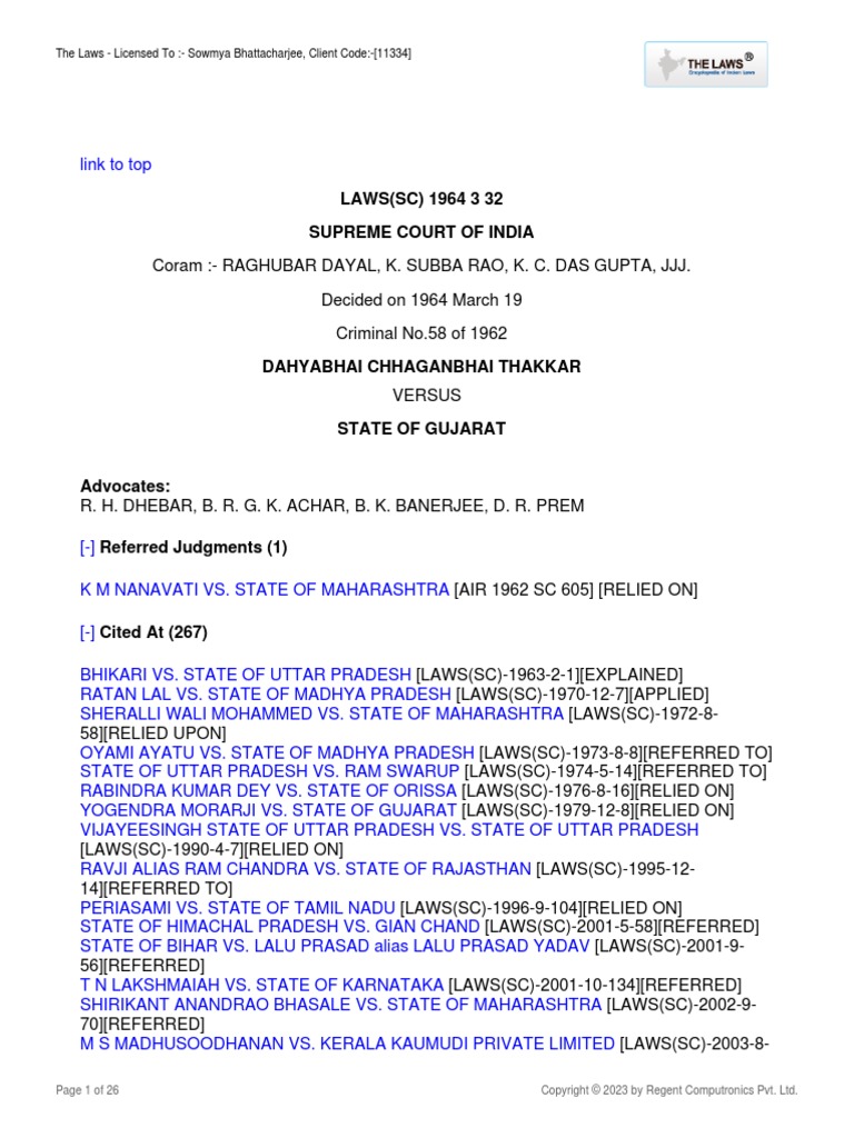 Dayabhai Chaganbhai Thakkar V State of Gujarat AIR 1964 SC 1563 | PDF | Burden Of Proof (Law ...