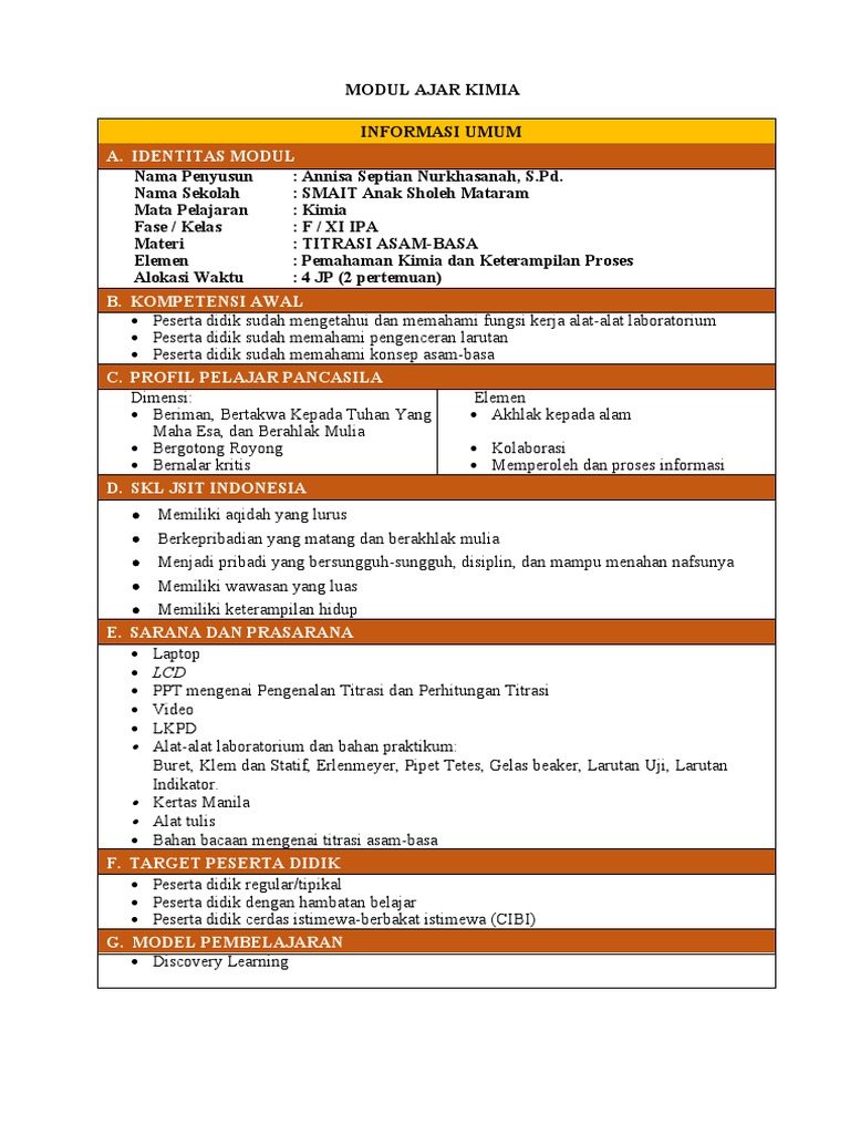 Modul Ajar Kimia XI Titrasi Asam Basa | PDF