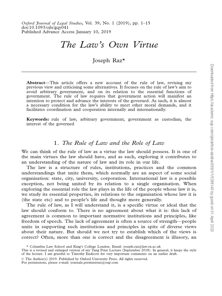 Raz - The Law's Own Virtue | PDF | Rule Of Law | Reason