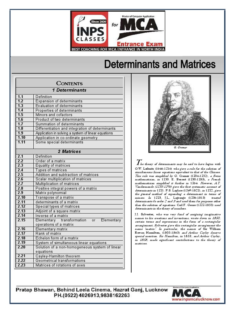 INPS Matrix & Determinants Study Material | PDF | Matrix (Mathematics) | Determinant