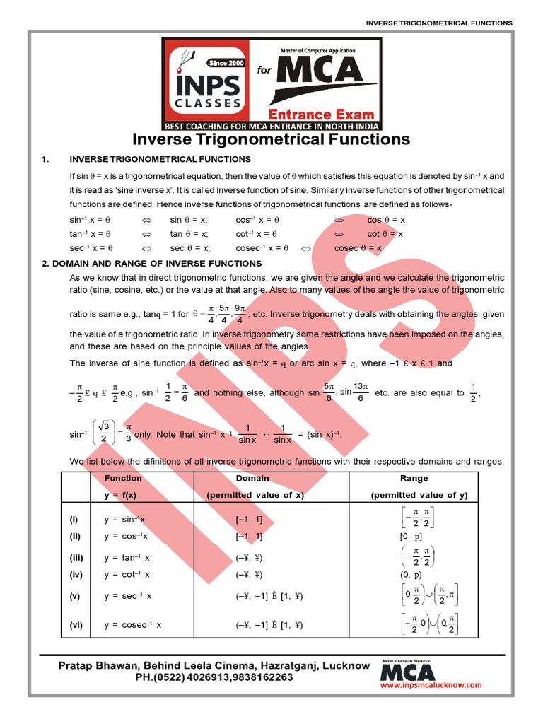 Inps Inverse Trigonometric Function Study Material | PDF | Trigonometric Functions | Trigonometry