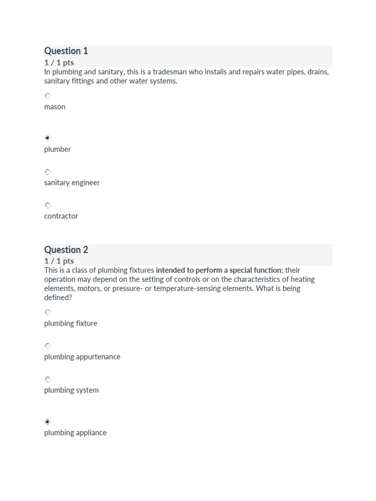 Practice Quiz Plumbing and Sanitary | PDF | Plumbing | Valve