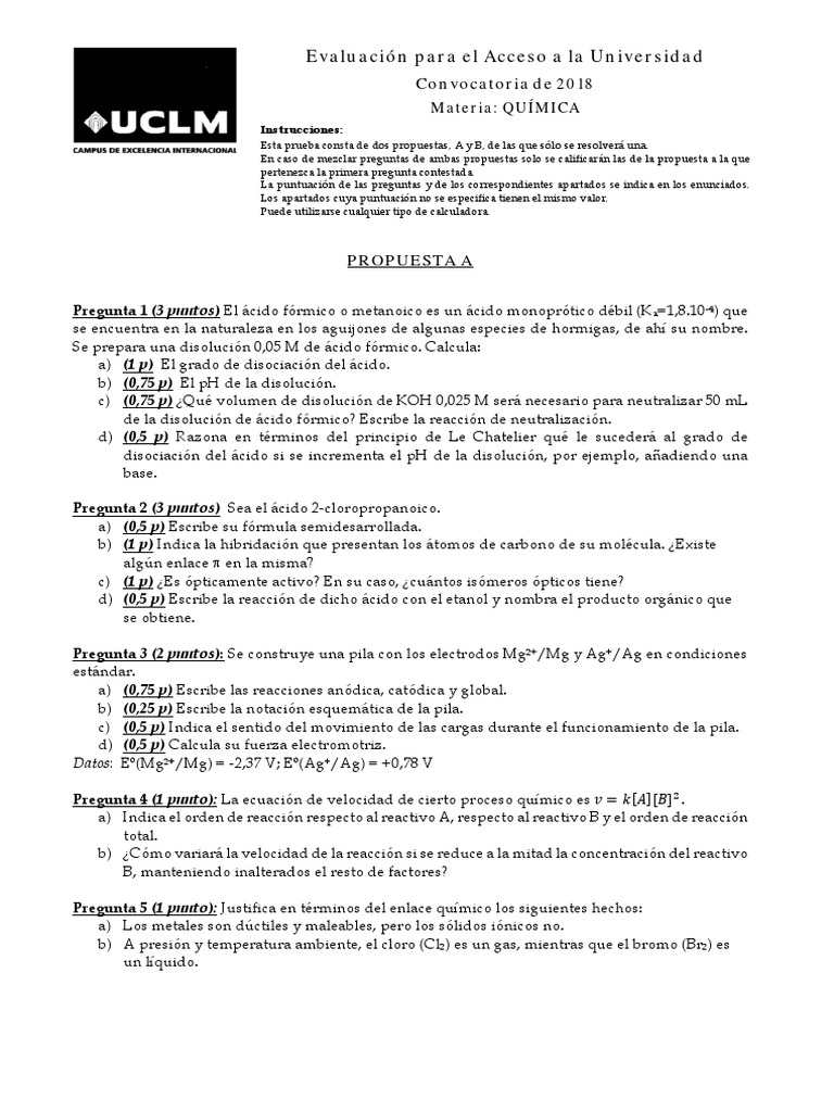Química Evau Julio 2018 Pdf ácido Equilibrio Químico