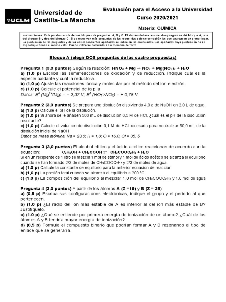 Química Evau Julio 2021 Pdf Equilibrio Químico Enlace Químico