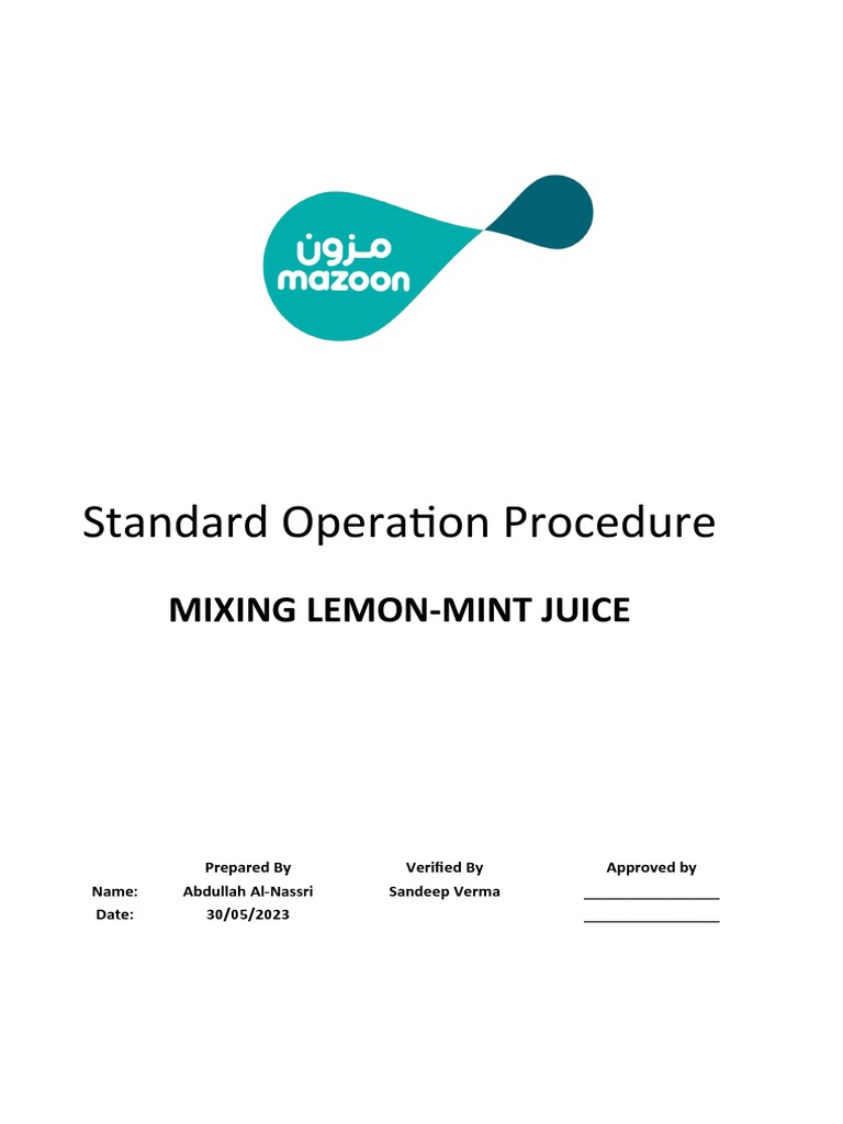 Mixing of Lemon-Mint Juice SOP | PDF | Juice | Diet & Nutrition