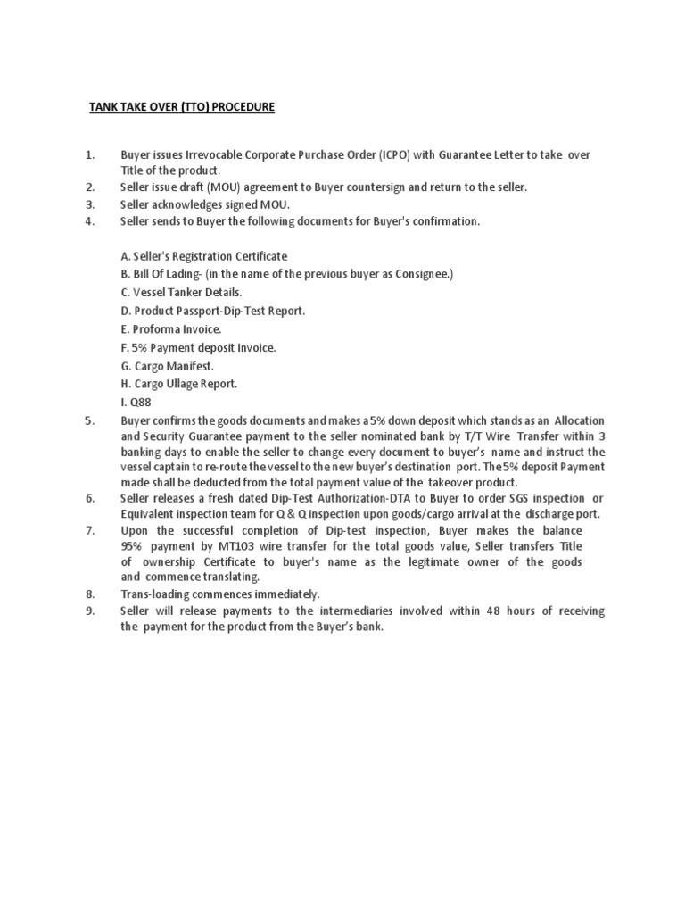 Tank Take Over (TTO) Procedure Guide | PDF