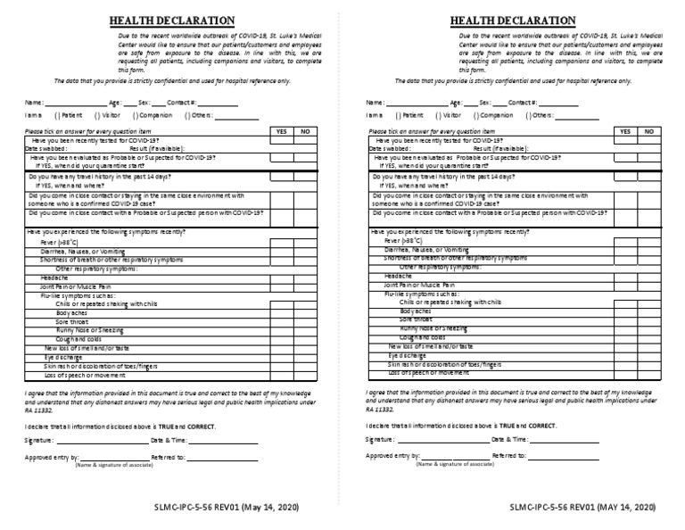 Health Declaration Form | PDF | Common Cold | Microbiology