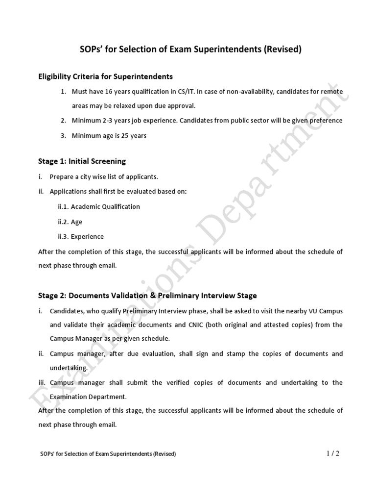 SOPs for selection of Exam Superintendents | PDF
