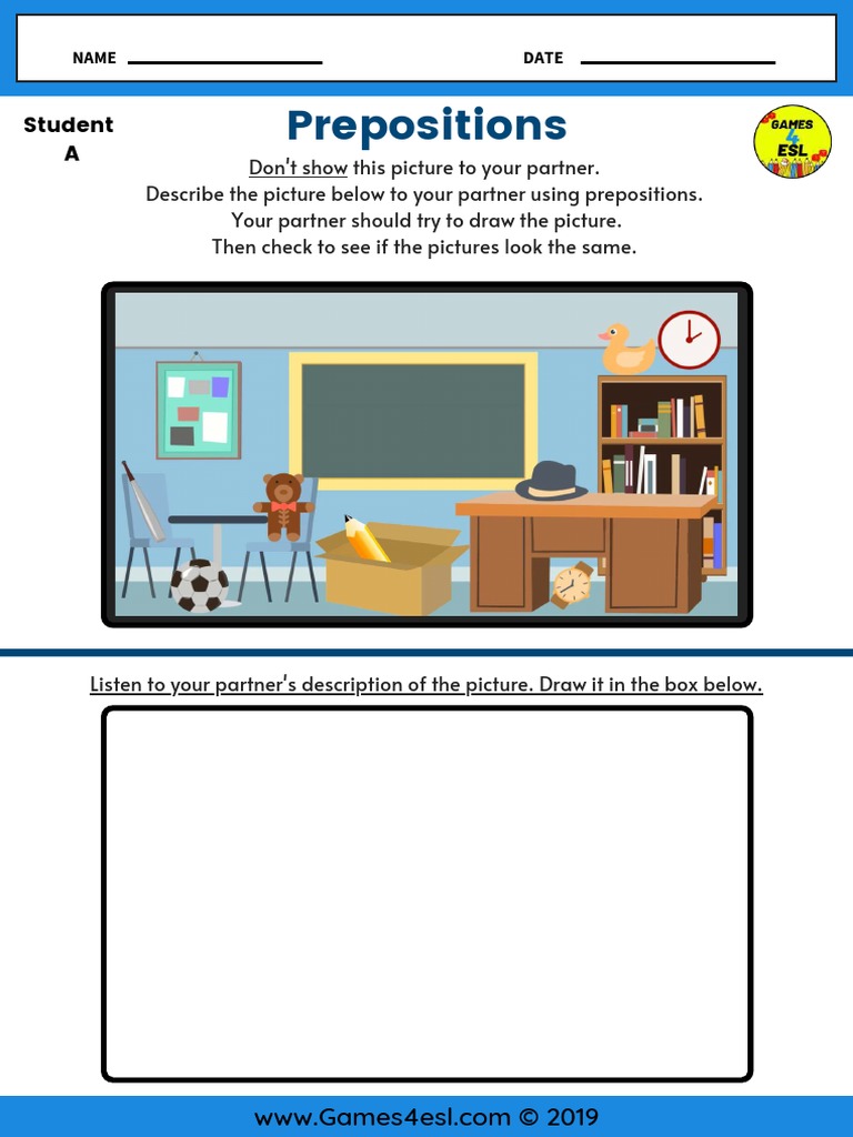 Prepositions Worksheet Describe and Draw | PDF