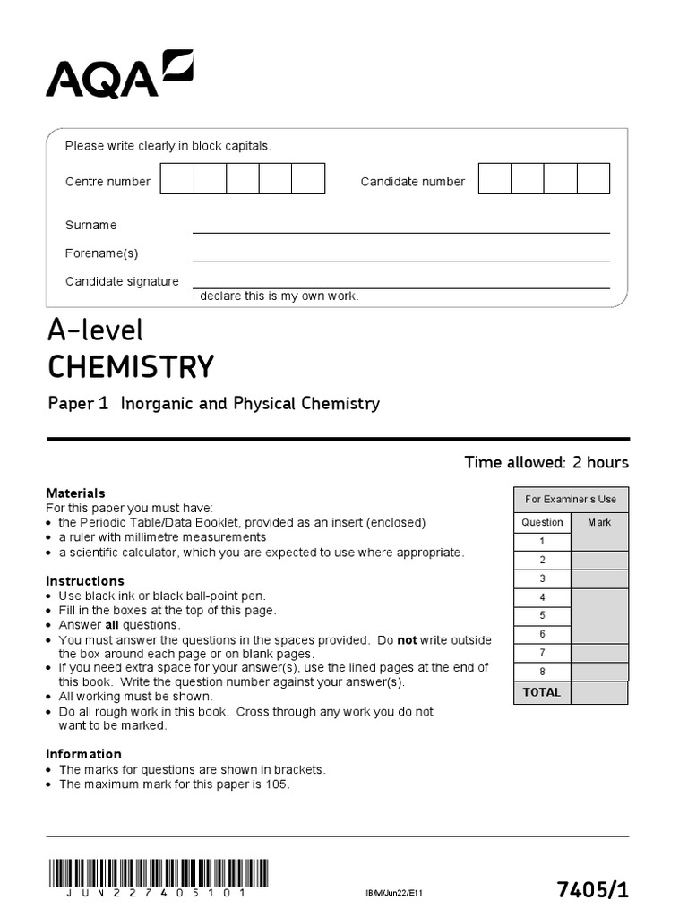 AQA A-Level Chemistry Paper 1 Questions | PDF | Chlorine | Ph