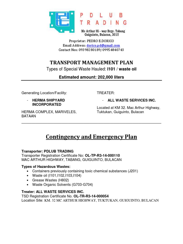 Revised Transport Management Plan 2020 | PDF | Waste | Hazardous Waste