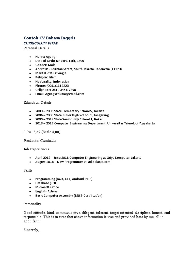 Contoh CV Dalam Bahasa Inggris | PDF | Information Technology Management | Computer Science