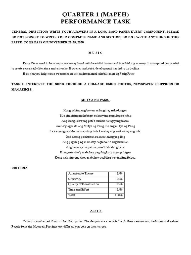 MAPEH PERFORMANCE TASK QUARTER 1 | PDF