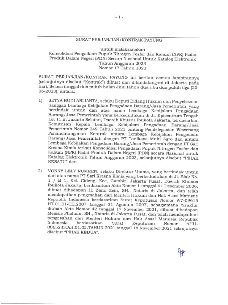 Kontrak Payung Pupuk NPK PT Sari Kresna Kimia | PDF