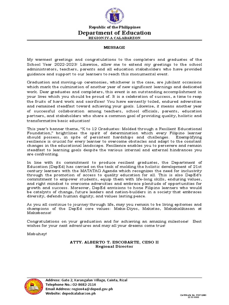 RD Alberto Escobarte EOSY 2023 Message | PDF | Cognition