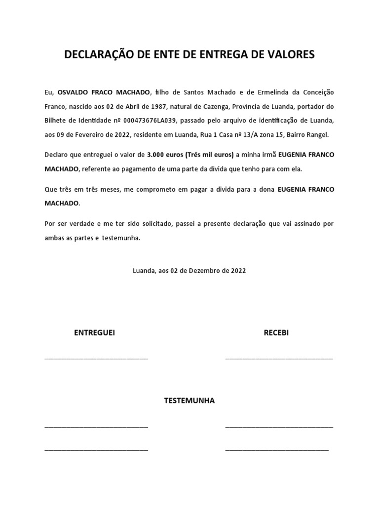 Declaração de Ente de Entrega de Valores | PDF