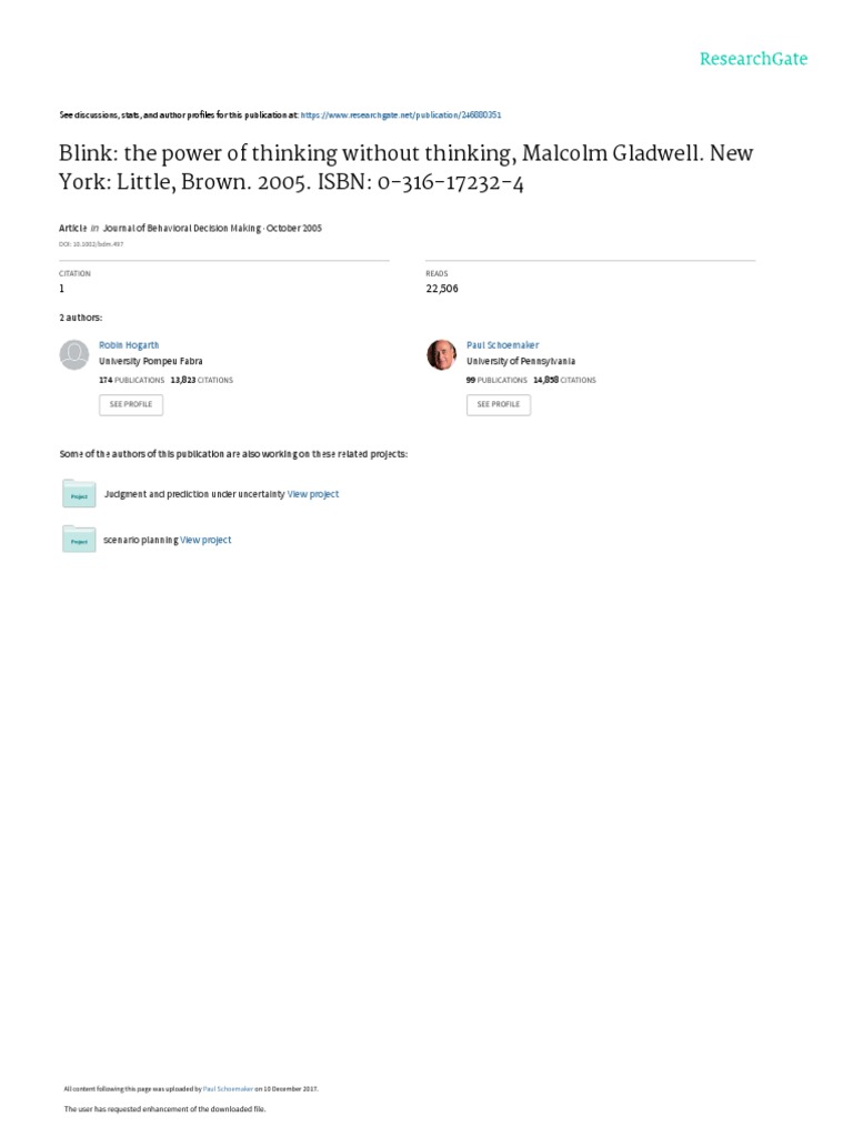 Blink The Power of Thinking Without Thinking by Malcom Gladwell ...