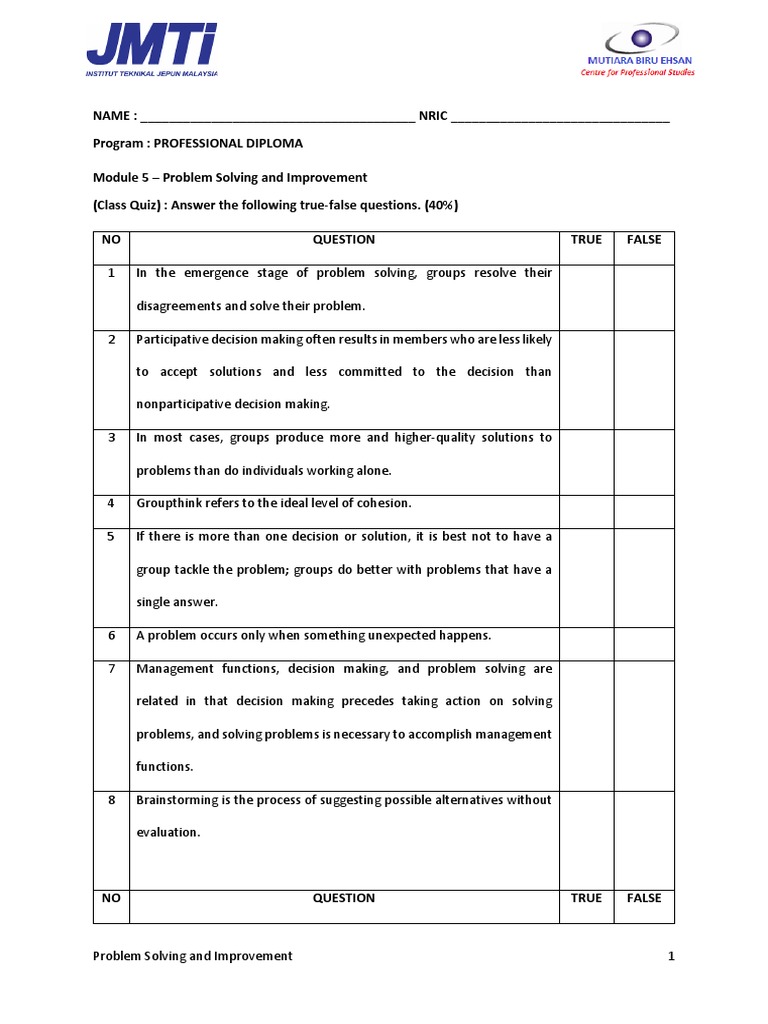 Quiz - Problem Solving and Improvement | PDF | Decision Making ...